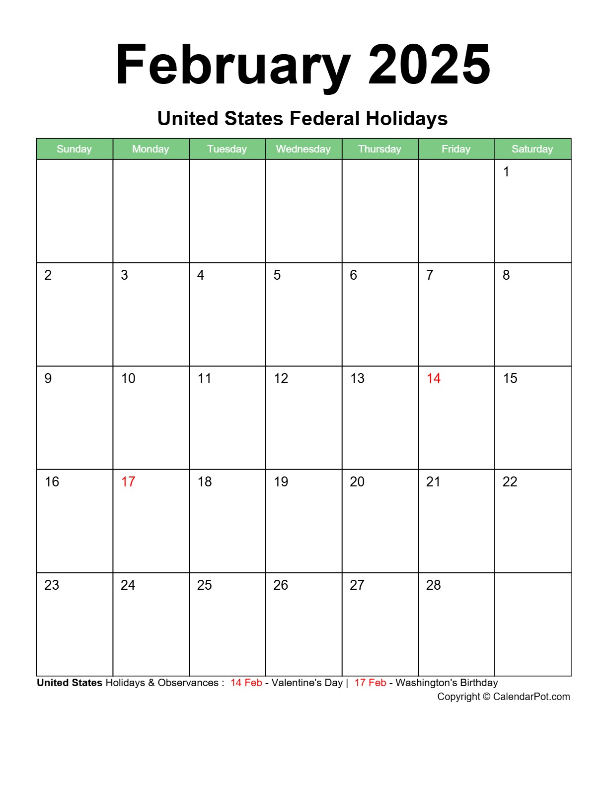 February 2025 Monthly Calendar with Holidays - March